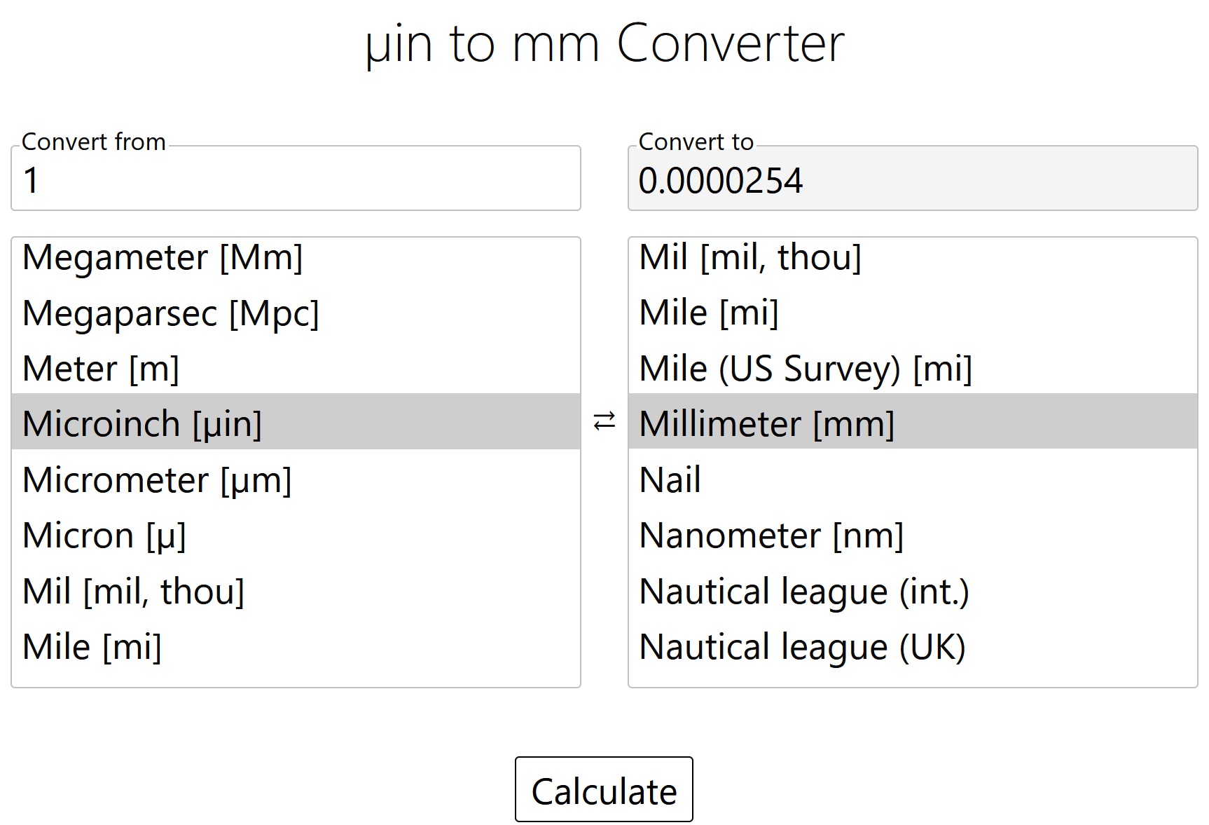 Microinches to Millimeters Conversion